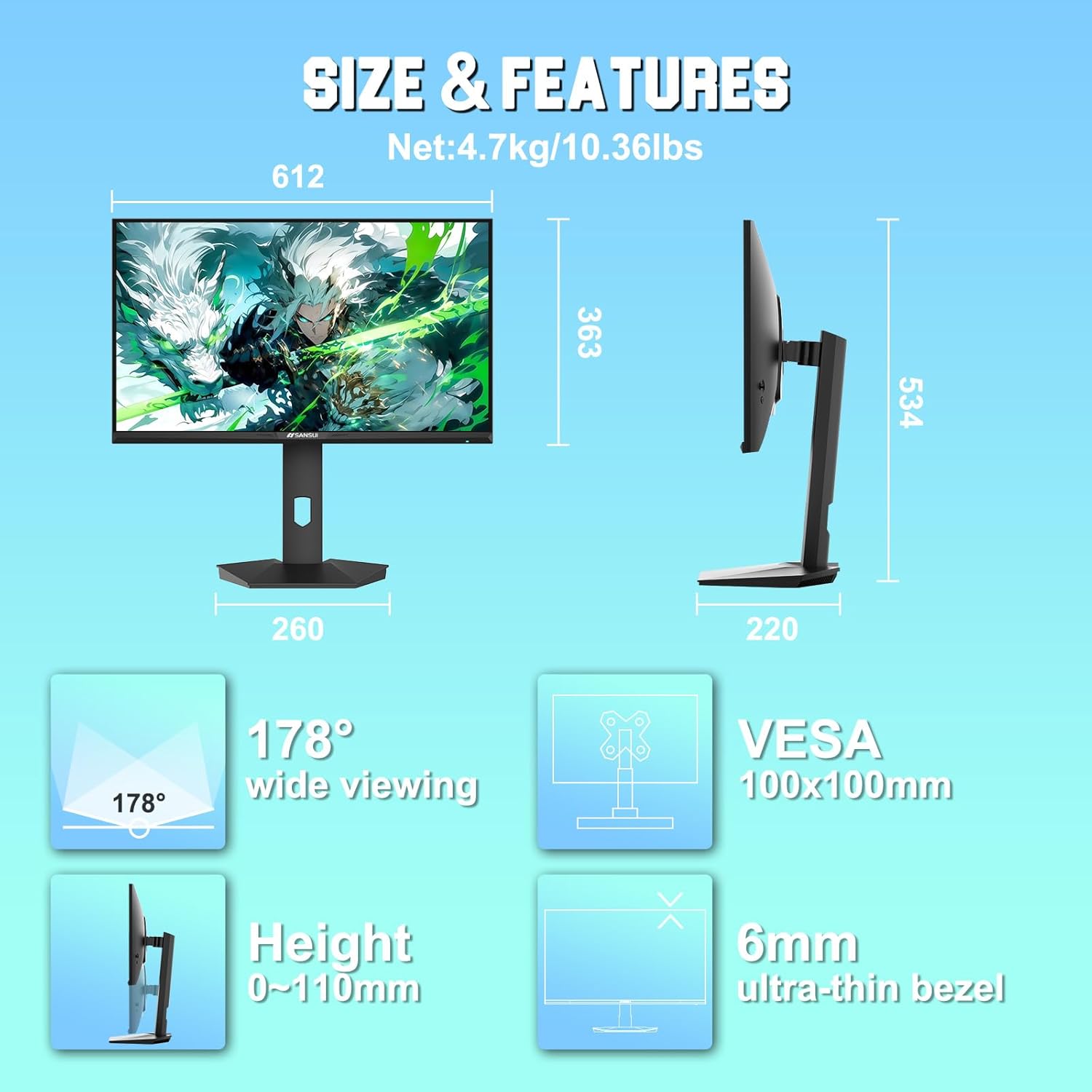 SANSUI 27 inch WQHD 200Hz 180Hz Gaming Monitor 2560×1440P-AMD FreeSync ...