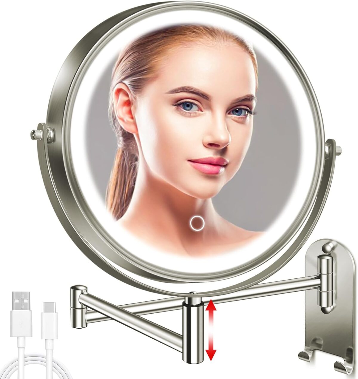 8" Wall Mounted Lighted Make-up Mirror, 3000mAh Rechargeable Double Sid ...
