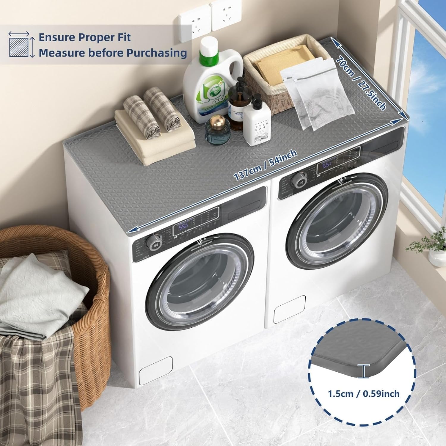 54" x 27.5" Silicone Washer Dryer Countertop Mat with 2 Laundry Luggage ...